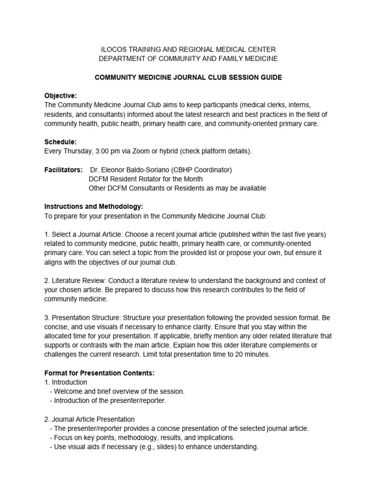 Community Medicine Journal Club Guide | PDF | Health Care | Health Equity