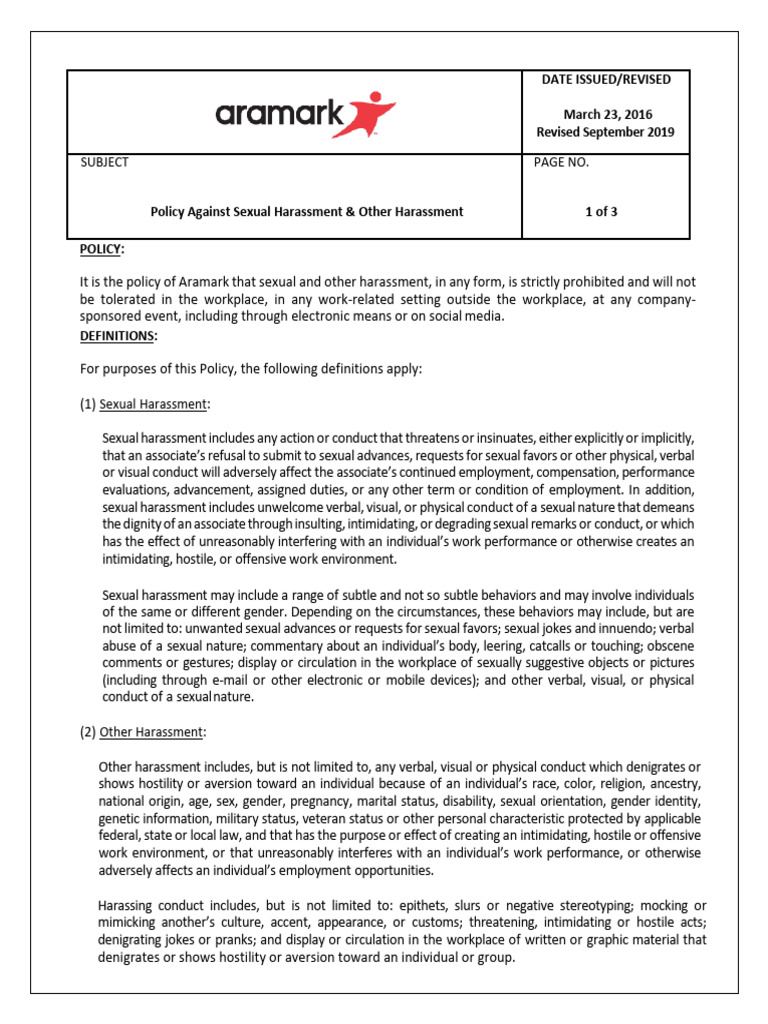 Policy Against Sexual Harassment and Other Workplace Harassment | PDF ...