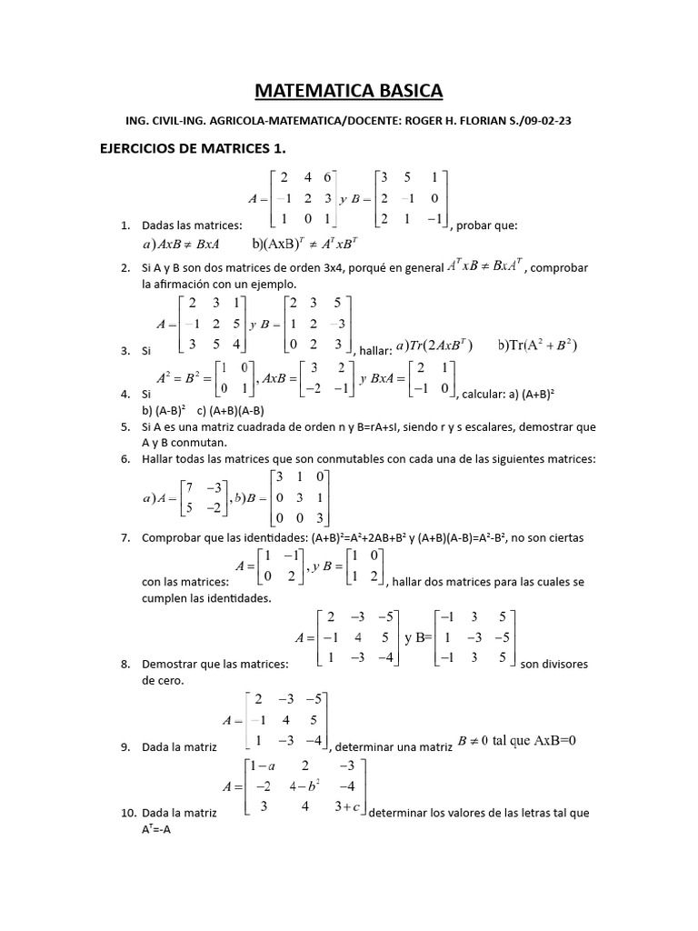 Ejercicios de Matrices 1 | PDF