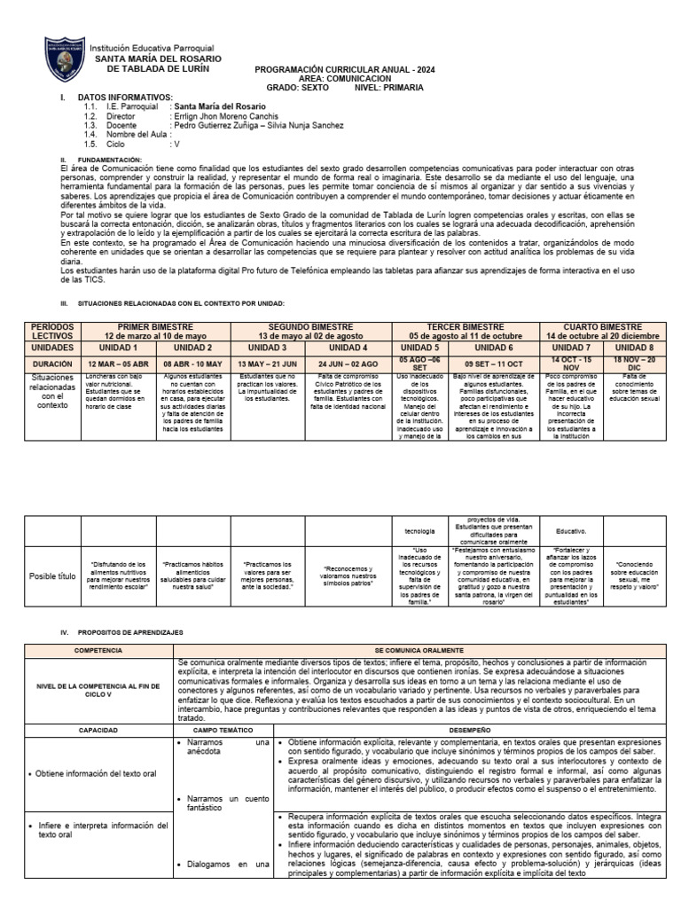 Programación Curricular Anual2024 | PDF | Comunicación | Información