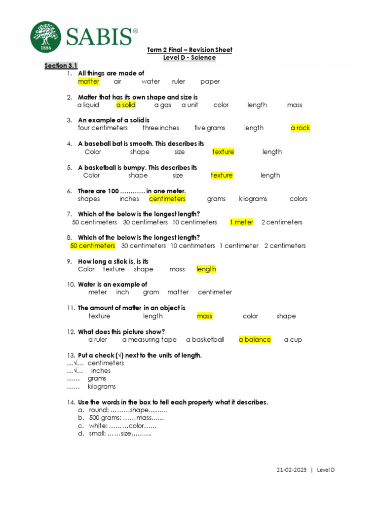 Level D Science Practice ANSWER KEY T2 Finals Ay2223-Grade 3 | PDF ...