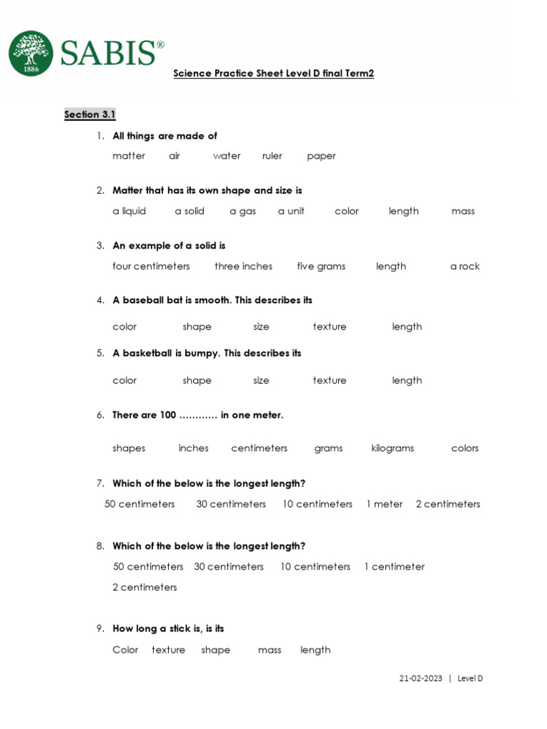Level D Science Practice Sheet T2 Finals Ay2223-Grade 3 | PDF | Temperature | Fahrenheit