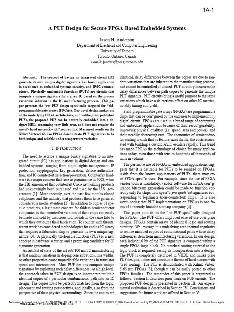 A Puf Design For Secure Fpga Based Embedded Systems Pdf Field