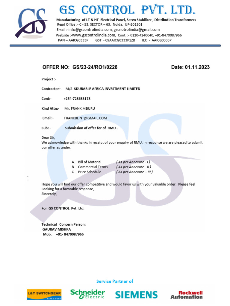 GS Control Offer of Schneider 4 Way Rmu | PDF | Electrical Engineering ...