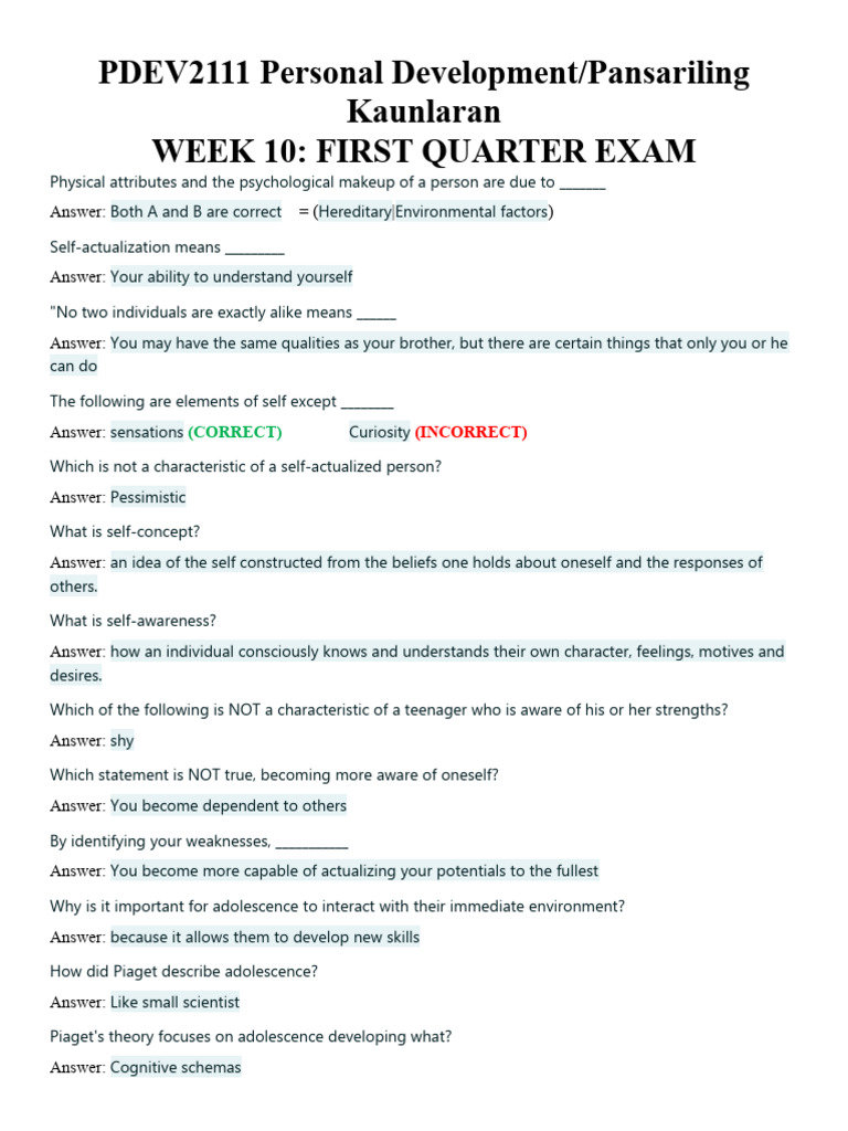 PDEV2111 Personal Development WEEK 10 FIRST QUARTER EXAM WEWO 2022 ...
