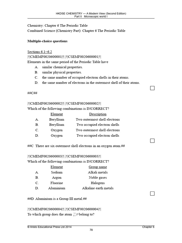 Chapter 6 Multiple-Choice Questions | PDF | Periodic Table | Chemical ...