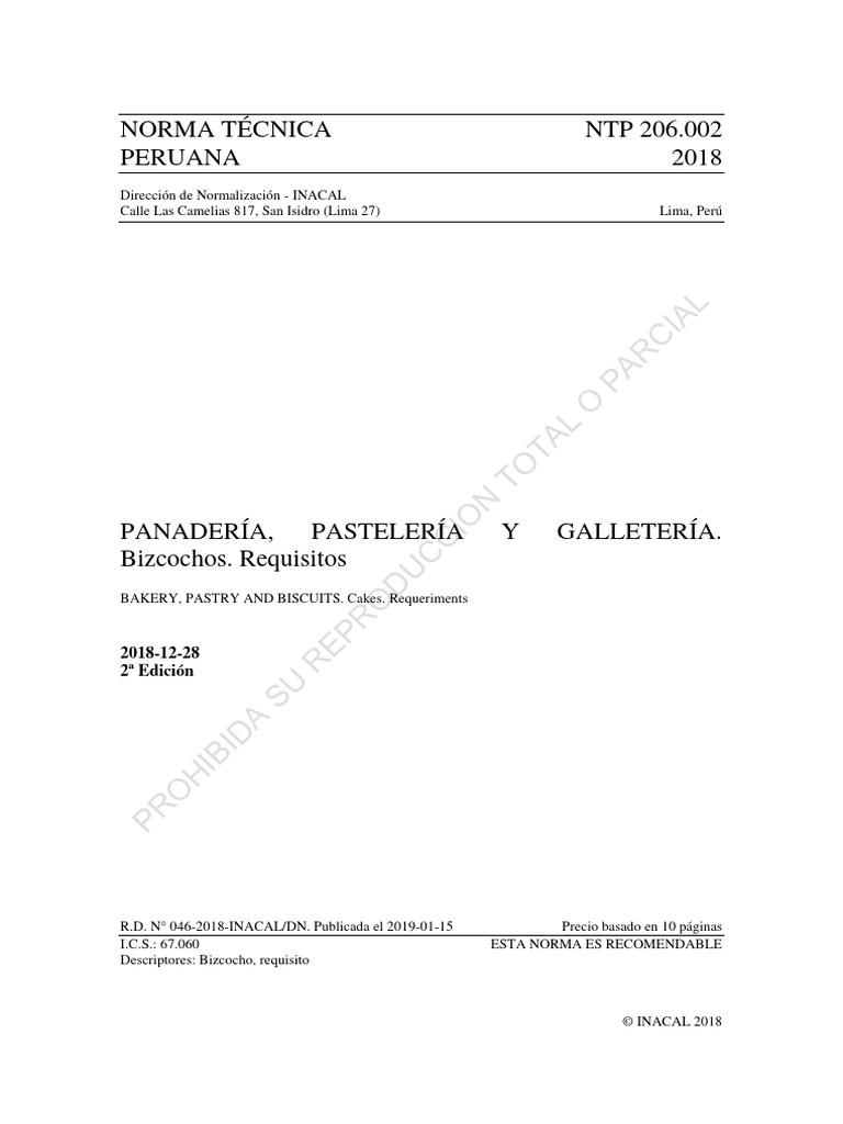 Norma Tecnica Peruana (1) Bizcocho | PDF | Panes | Comida y bebida
