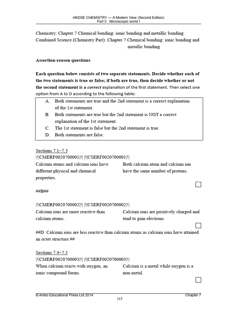 Chapter 7 Assertion-Reason Questions | PDF | Ion | Chemistry