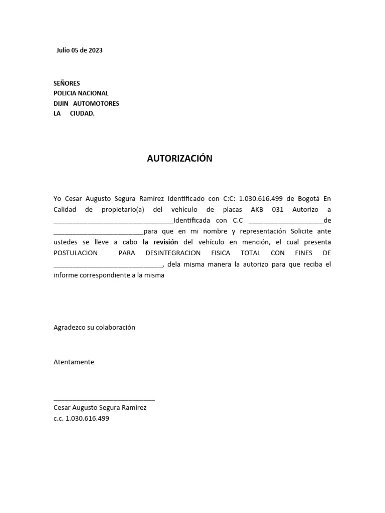 Autorizacion Policia Dijin Cesar | PDF