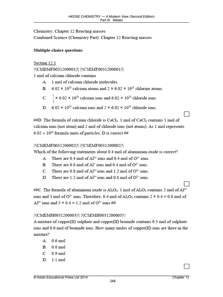 Reacting Masses: Multiple Choice Questions | PDF | Mole (Unit) | Ion