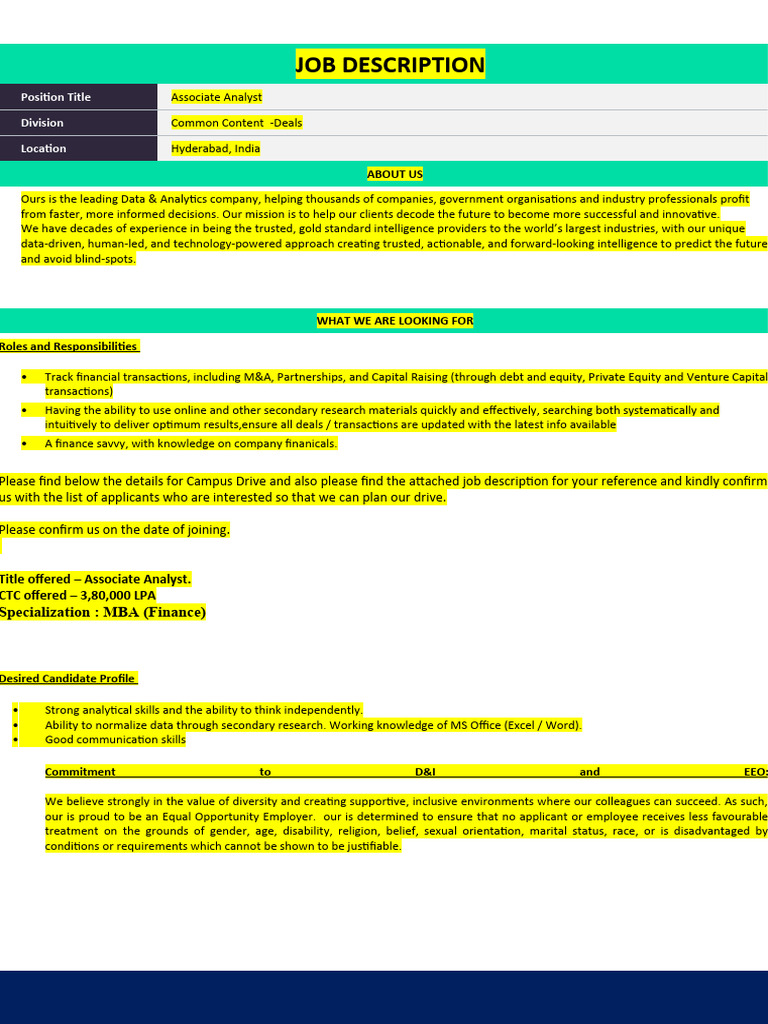 Job Description - Deals - Associate Analyst | PDF | Knowledge | Analytics