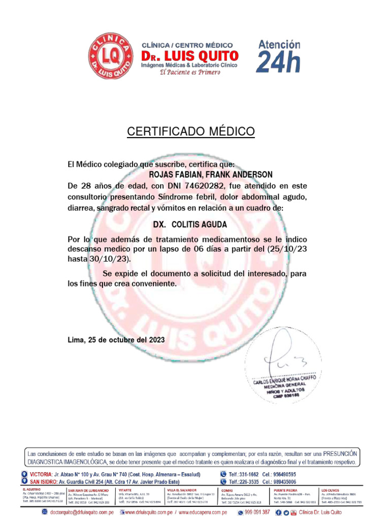 CERTIFICADO MEDICO PORTAL FRANK ROJAS ESTE | PDF