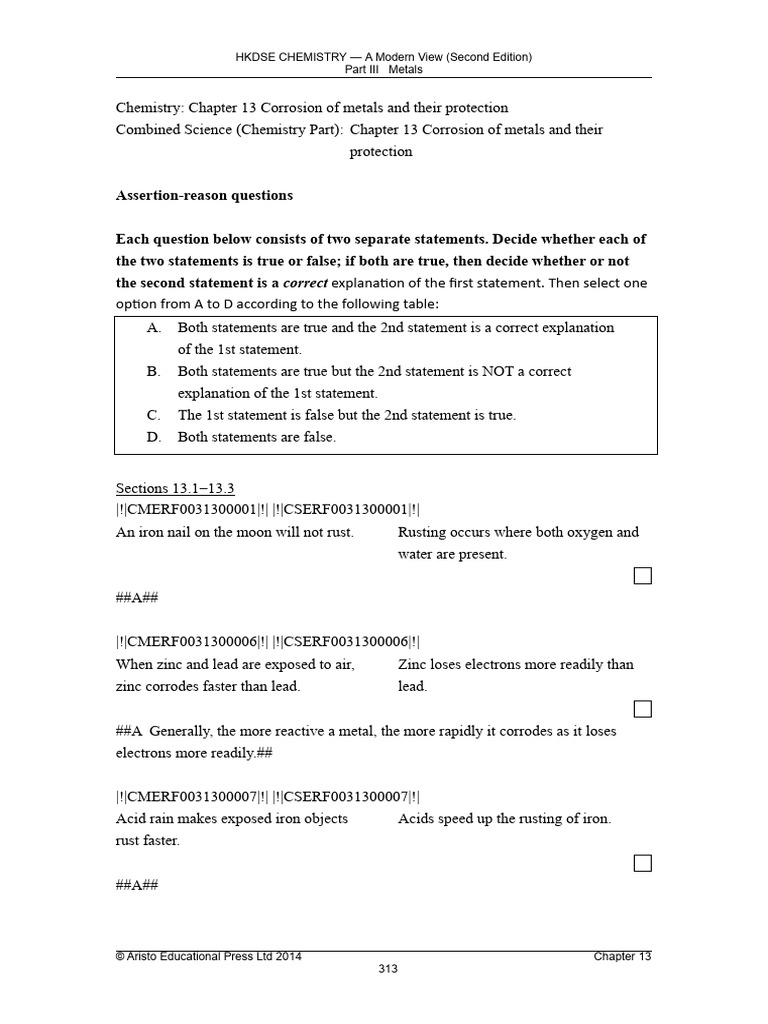 Chapter 13 Assertion-Reason Questions | PDF | Rust | Corrosion