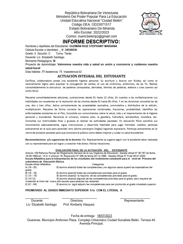 Informe Descriptivo Iii Momento | PDF | Educación primaria | Aprendizaje