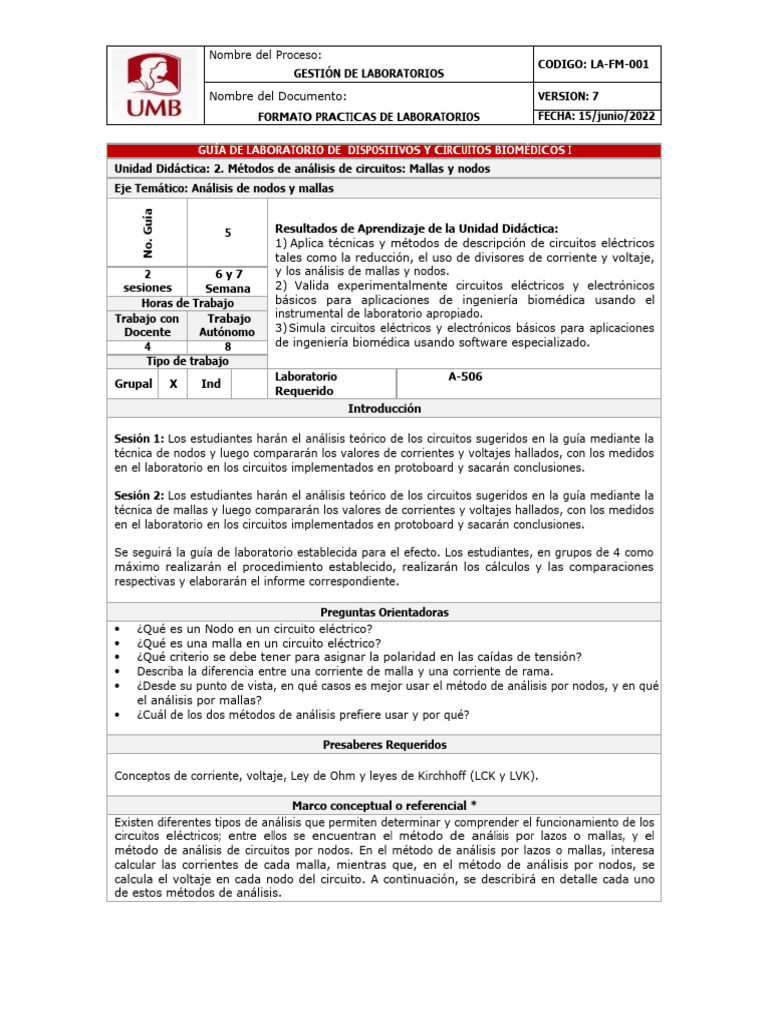 DCBI Guia 5 - Sesión 1 Análisis de Nodos y Mallas - 2023 - 2 | PDF | Laboratorios | Ciencia de ...