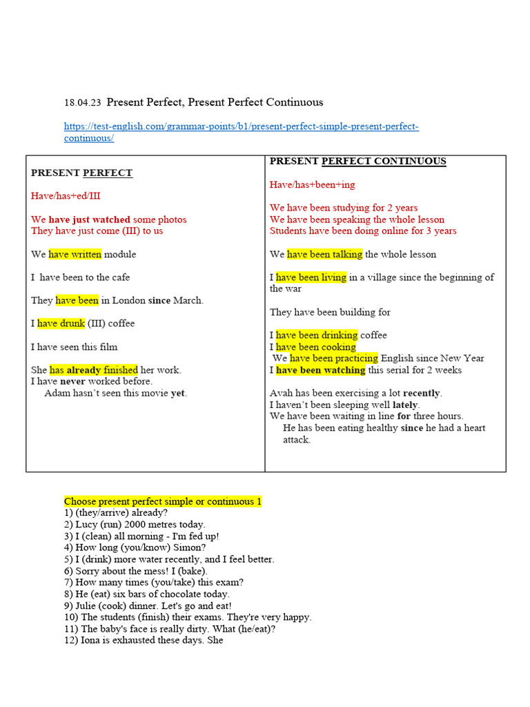 Present Perfect & Continuous Overview | PDF