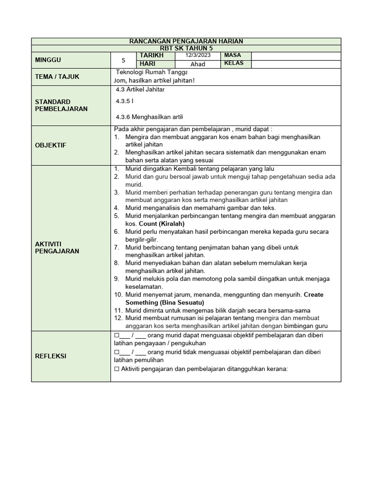 RPH Ringkas Minggu 5 RBT THN 5 2023 by Cikgu Gorgeous | PDF | Seni