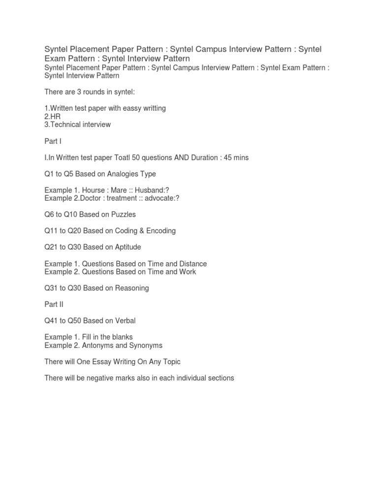 Syntel Placement Paper Pattern: Syntel Campus Interview Pattern: Syntel Exam Pattern: Syntel ...