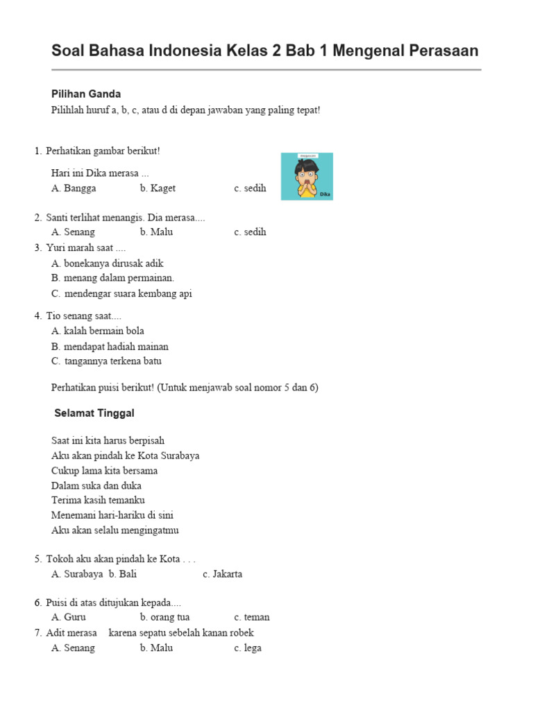 Soal Bahasa Indonesia Kelas 2 Bab 1 Mengenal Perasaan | PDF Soal Bahasa Indonesia Kelas 2 Bab 1 Mengenal Perasaan | PDF