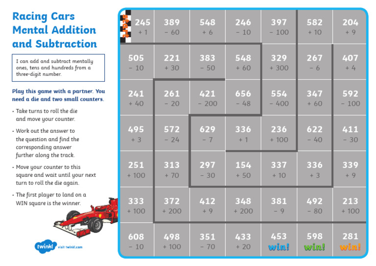 Racing Cars Mental Addition and Subtraction | PDF