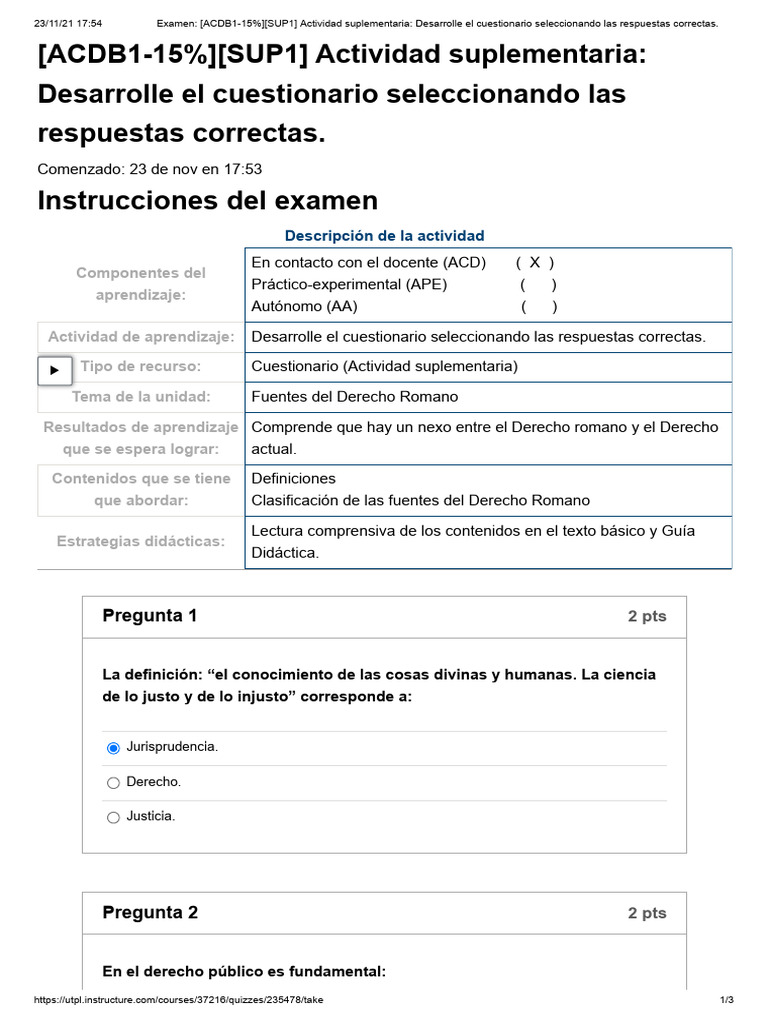 Examen - (ACDB1-15%) (SUP1) Actividad Suplementaria - Desarrolle El Cuestionario Seleccionando ...