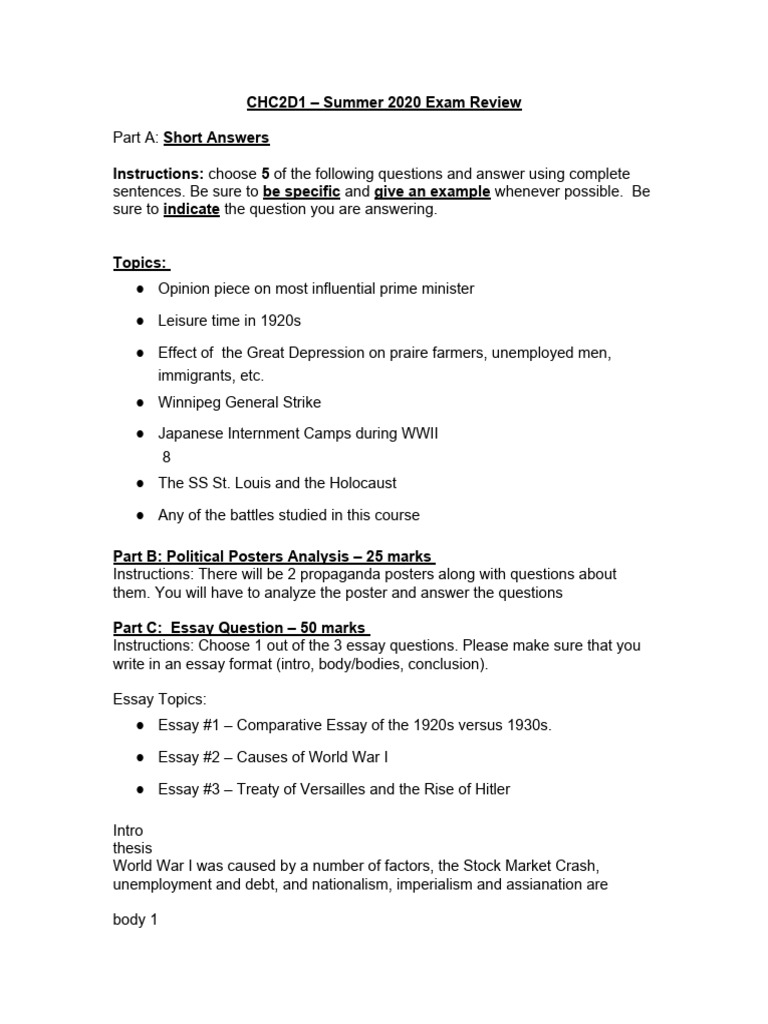 CHC2D1 - Summer 2020 Exam Review | PDF