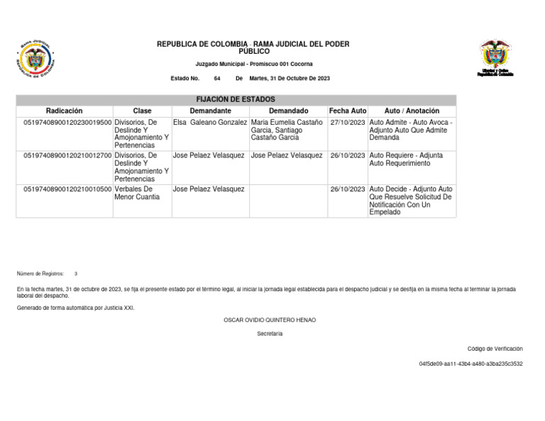 Estados del Juzgado Promiscuo 31/10/2023 | PDF