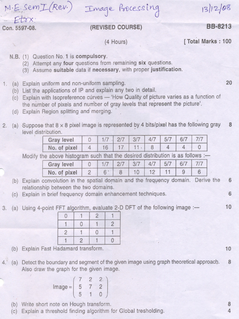 Digital Image Processing Exam | PDF | Data Compression | Algorithms
