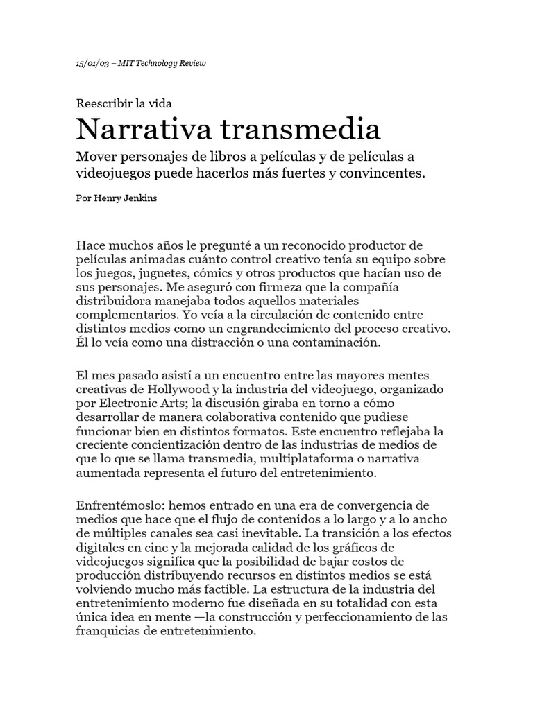 Jenkins, H. (2003) - Transmedia Storytelling | PDF