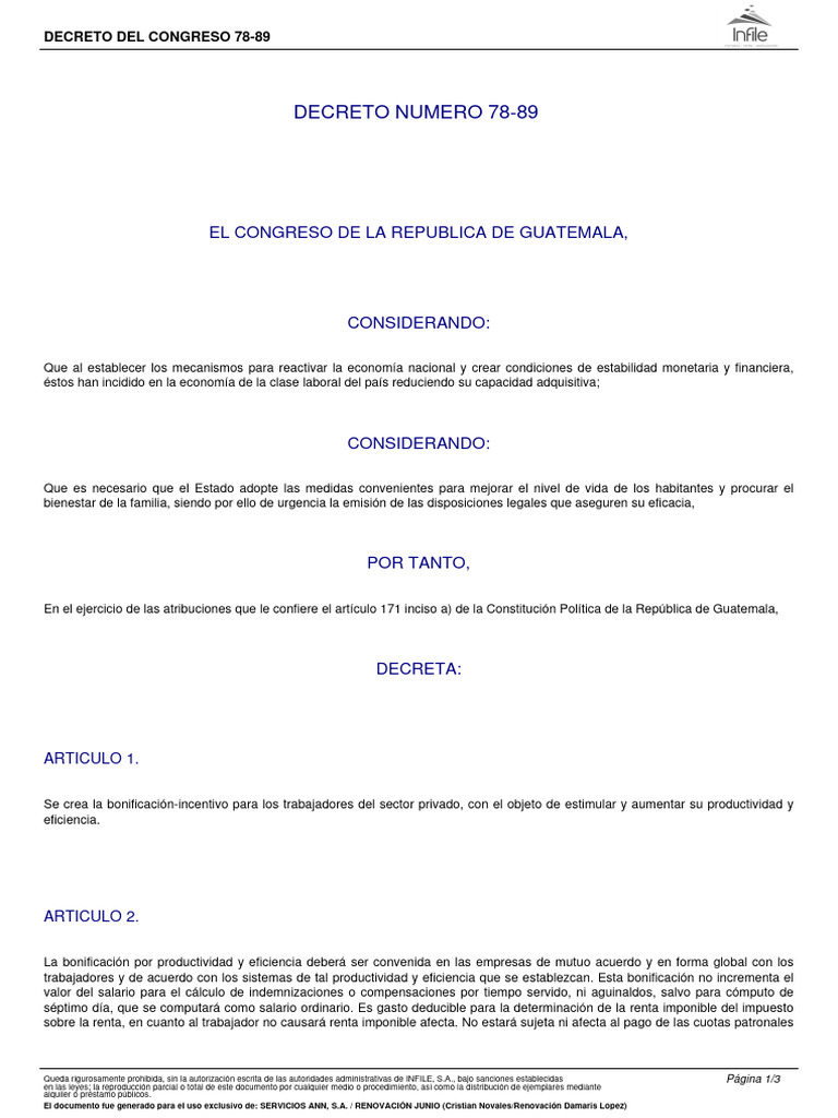 Bonificacion Incentivo para Trabajaores Del Sector Privado Decreto 78 ...