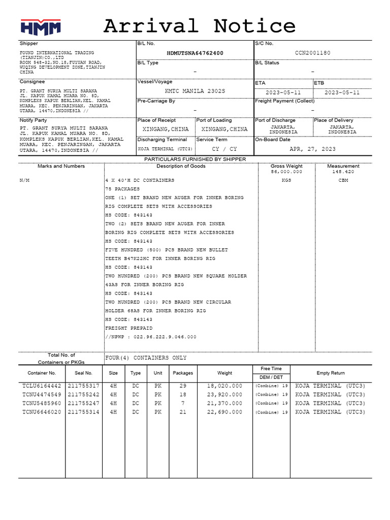 Arrival Notice | PDF | Freight Transport | Transport