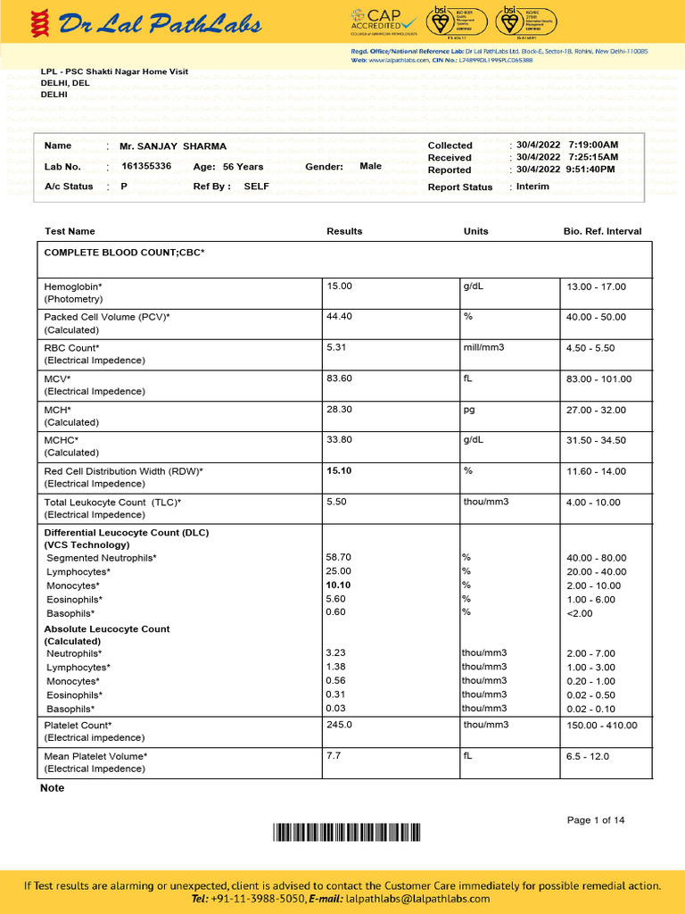 Home Visit Lab Report for Sanjay Sharma | PDF | Low Density Lipoprotein ...