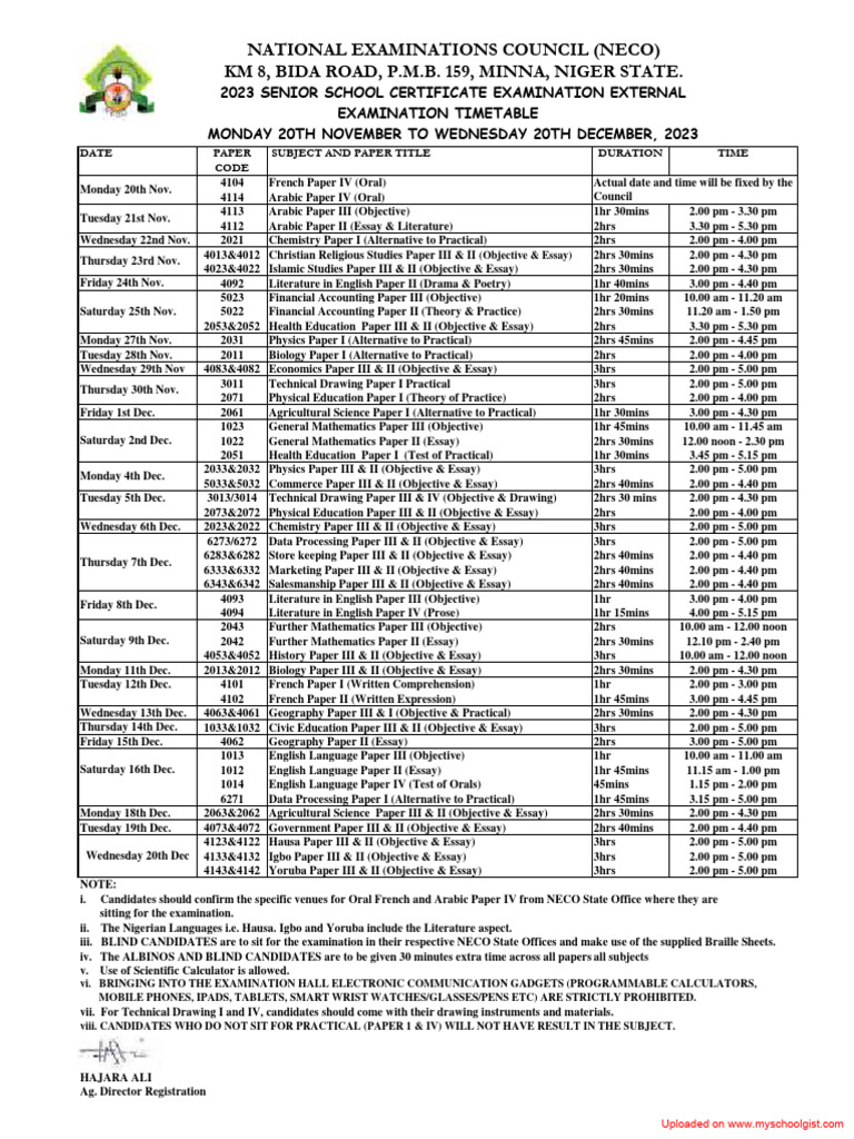 NECO GCE Timetable 2023 | PDF
