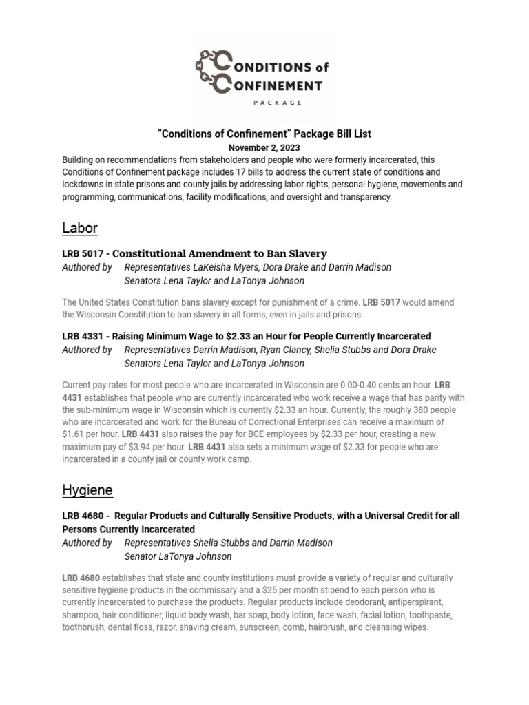 "Conditions of Confinement" Package Bill List | PDF | Prison | Solitary ...