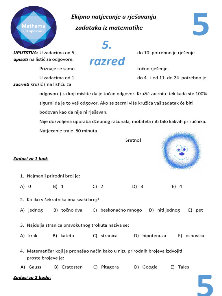 2016 Mathema OS 5 Razred ZADACI | PDF