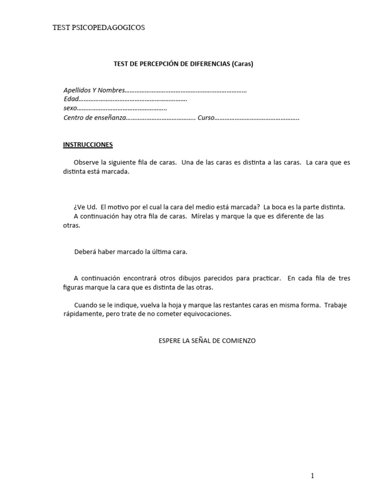 Test de Percepcion de Caras Completas - Cuadernillo | PDF