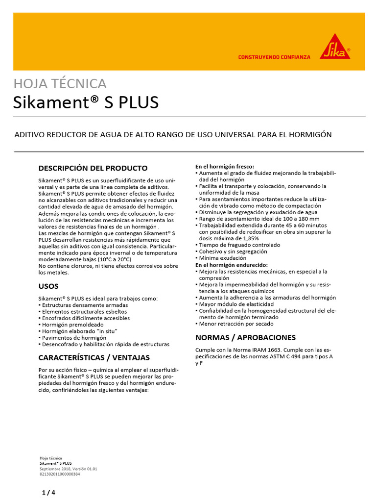 Sikament S Plus | PDF | Hormigón | Ciencias fisicas