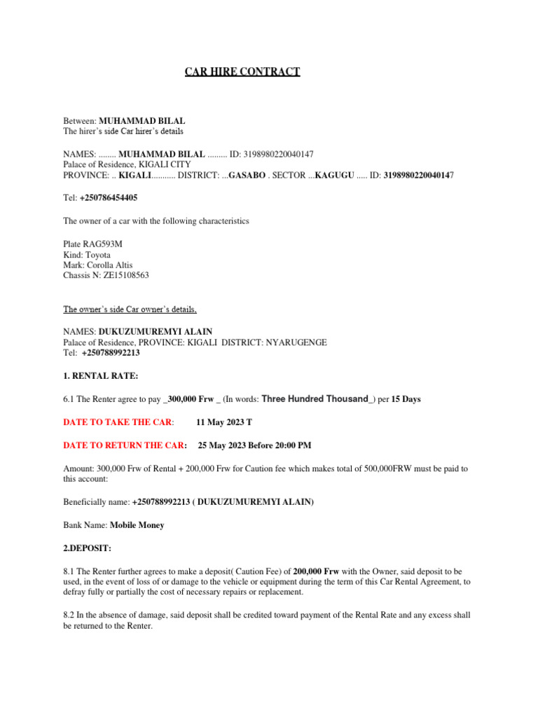 Car Hire Contract | PDF | Renting | Car Rental