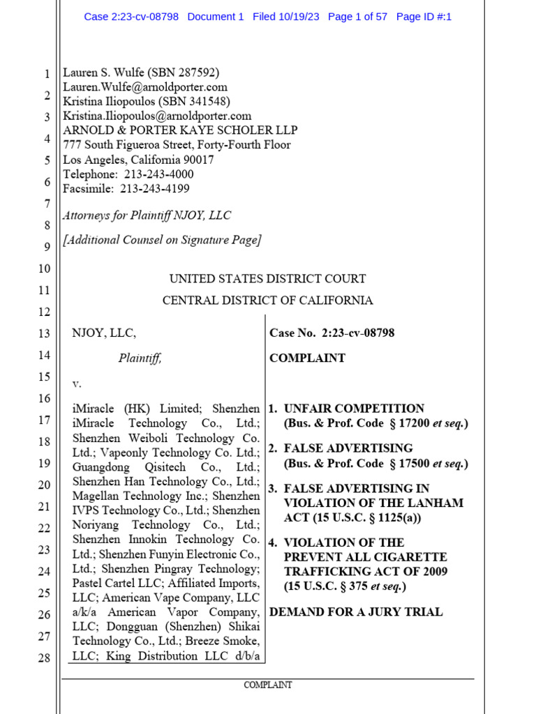 Vape Suit 2023-10-19 NJOY v. IMiracle Et Al Complaint - CD Cal 23-Cv-08798 | PDF | Food And Drug ...