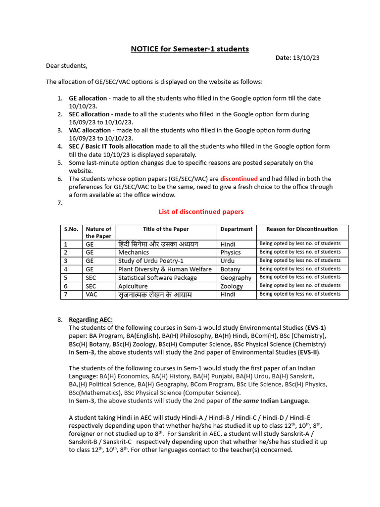 Sem 1 - Notice For Students For GESECVAC AEC Allottment 1 | PDF ...