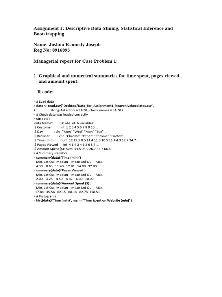 Assignment 1-Descriptive Data Mining, Statistical Inference and Bootstrapping | PDF | Data ...