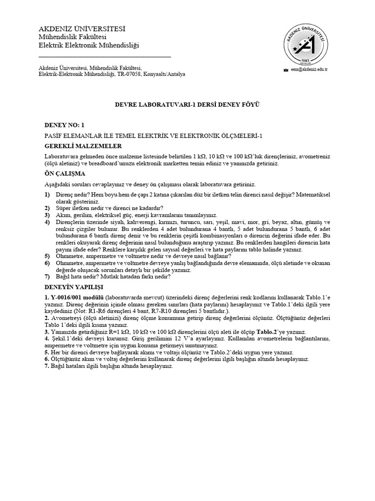 Devre 1 Laboratuvarı Deney Föyü-1 | PDF