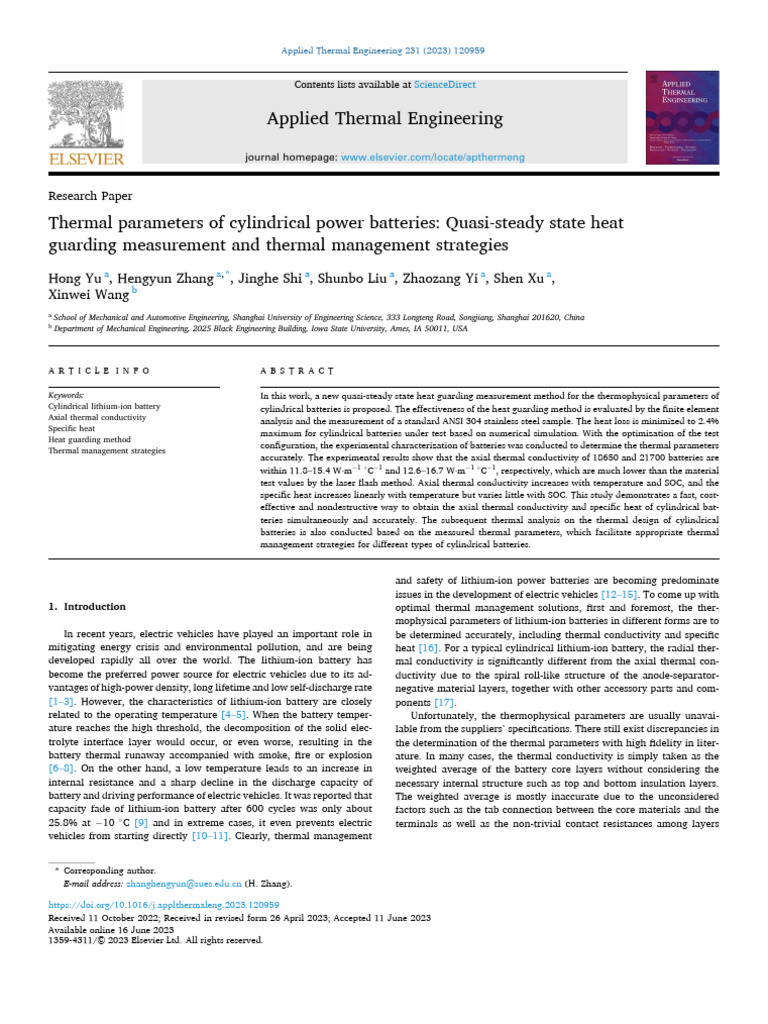 2023 Applied Thermal Engineering | PDF | Lithium Ion Battery | Heat