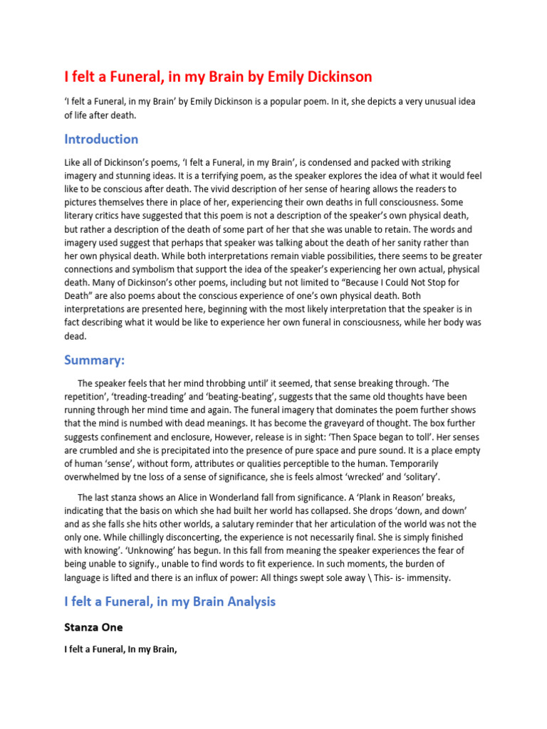 I Felt A Funeral, in My Brain by Emily Dickinson393M.Arsi | Download ...
