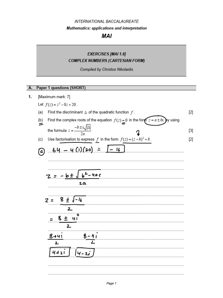 Complex Numbers in Cartesian Form Exercises | PDF | Complex Number ...
