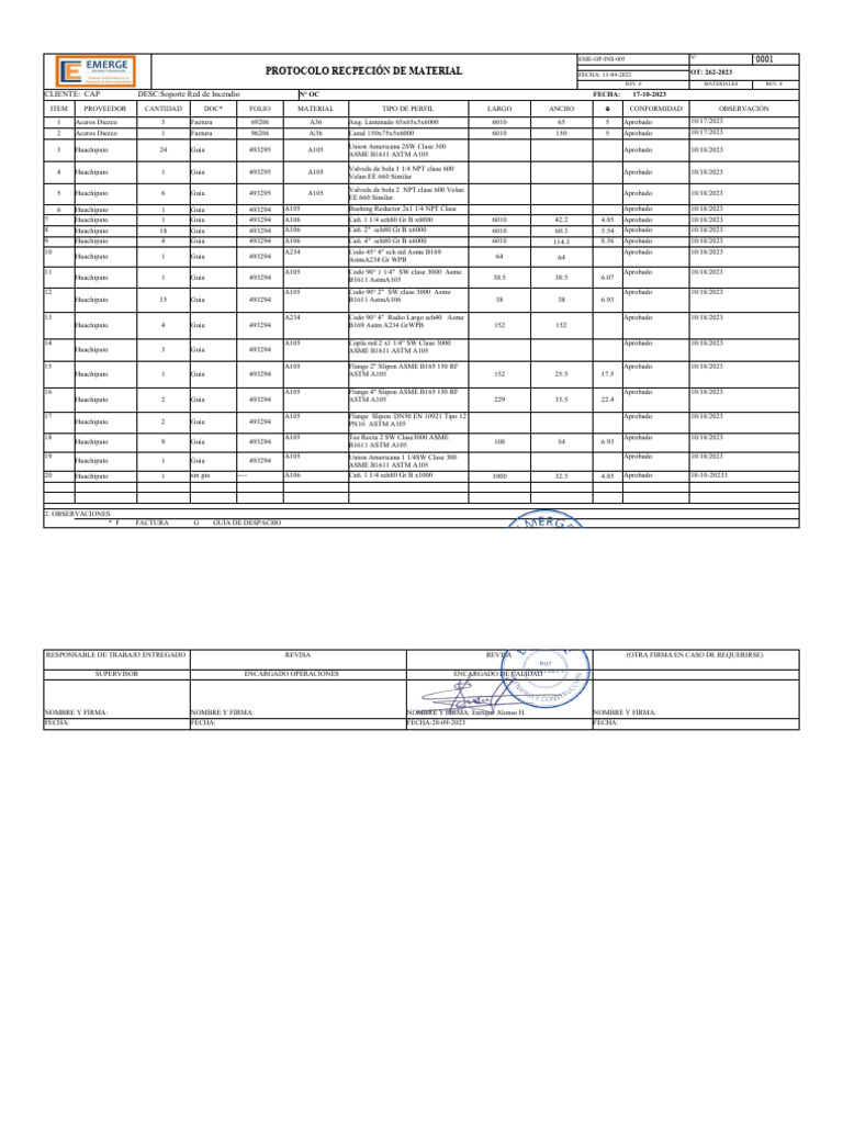 1 Eme-Op-Ins-005 Formato Protocolo de Recepcion de Material 262-2023 | PDF