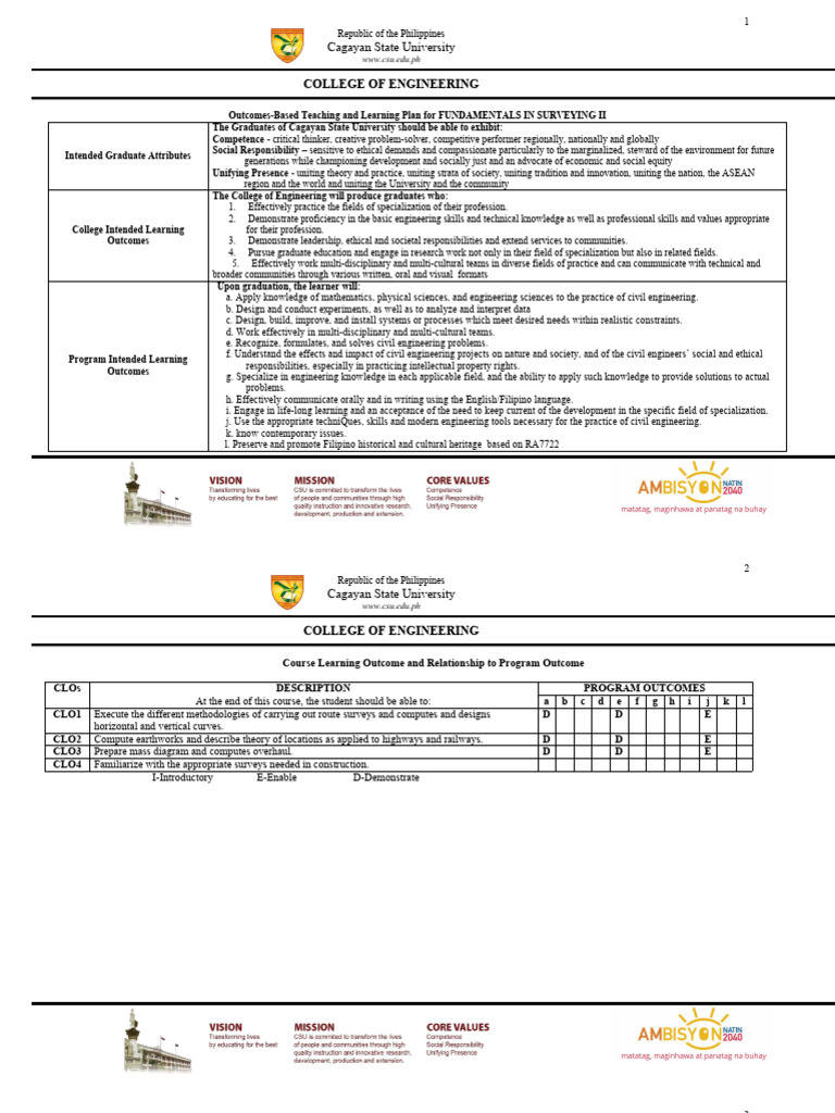 Fundamentals of Surveying II OBE Syllabus | PDF | Engineering | Science Fundamentals of Surveying II OBE Syllabus | PDF | Engineering | Science