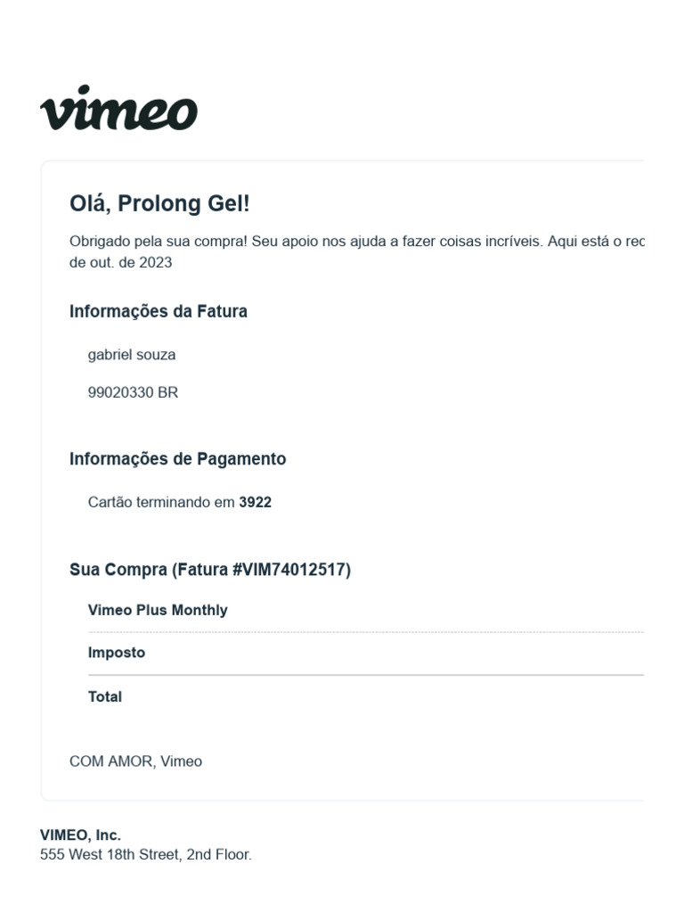 Recibo de Compra Vimeo Plus - Out 2023 | PDF | Finanças e Administração ...