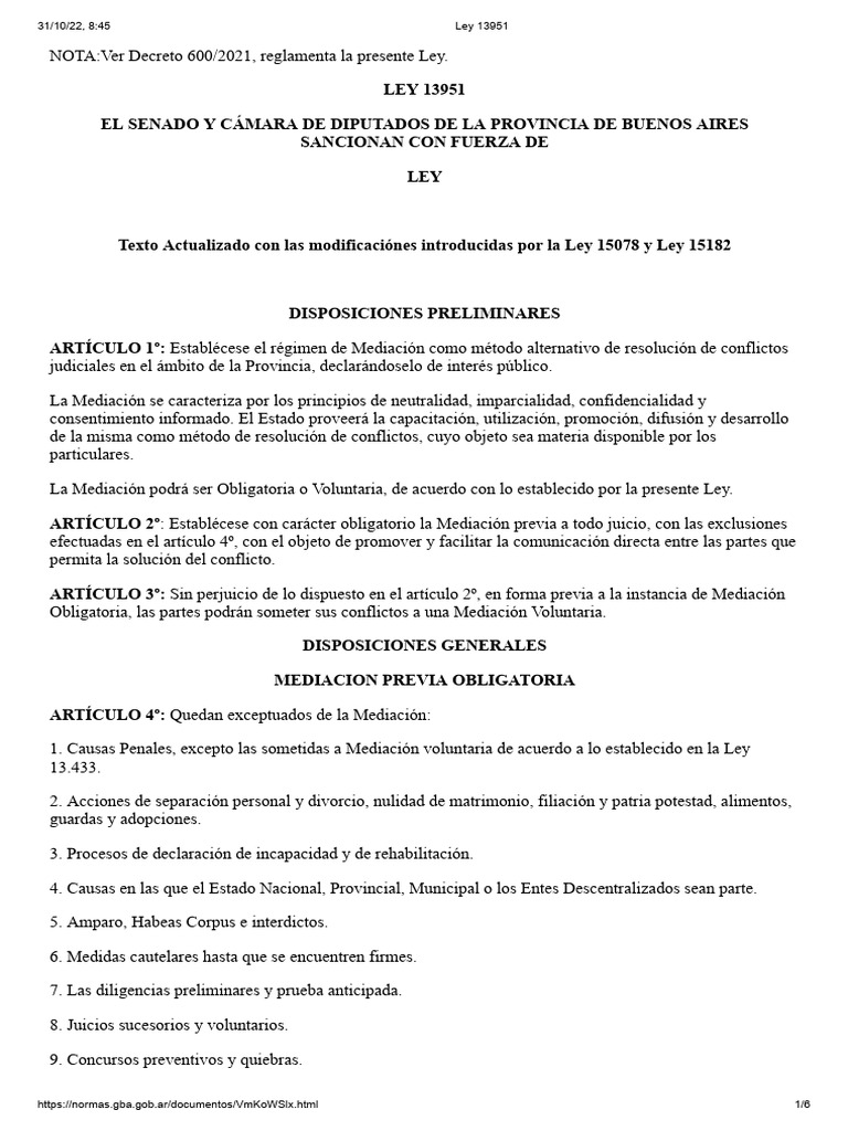 Ley 13951: Mediación Obligatoria en Buenos Aires | PDF | Mediación ...