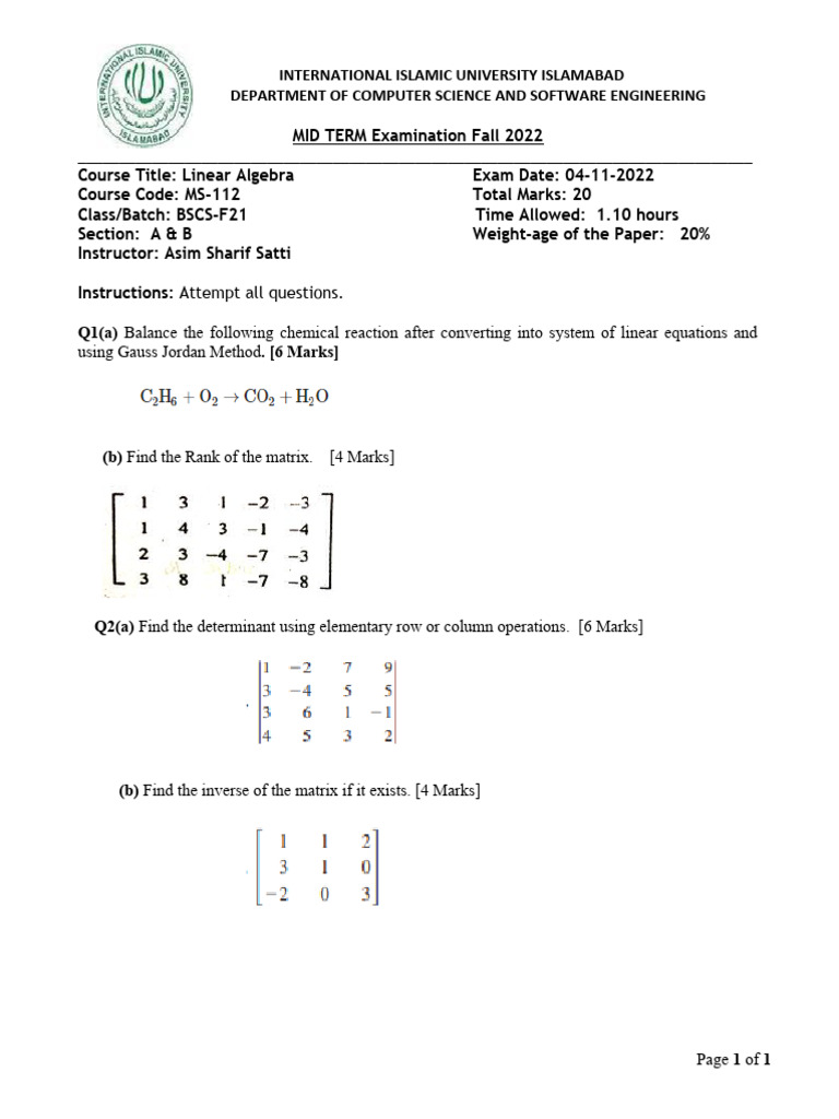 Midterm Exam Question Paper Linear Algebra Fall-2022 | PDF
